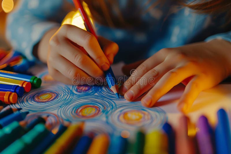 Little Hands Busy with Coloring Activity, Surrounded by Rainbow Crayons ...