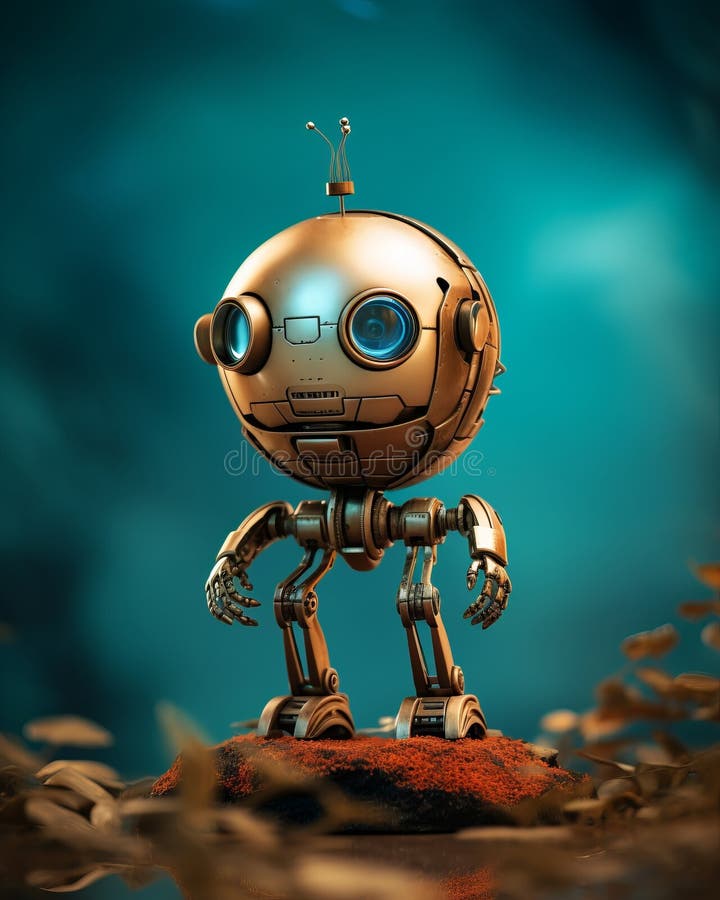 An Image of a Small Robot Standing on Top of Some Leaves Stock ...