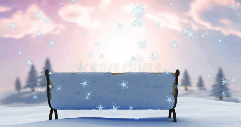 Image of Snow Falling Over Bench Covered in Snow in Winter Scenery ...
