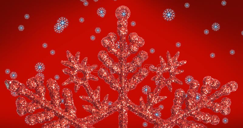 Image of Snow Falling Over Big Snowflake on Red Background Stock Photo ...