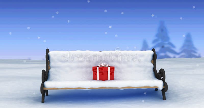 Image of Snow Falling Over Christmas Present on Bench Covered in Snow ...