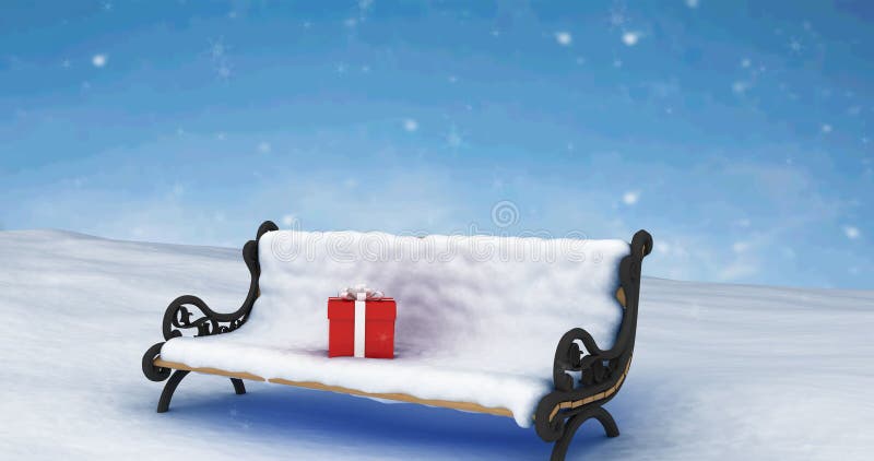 Image of Snow Falling Over Christmas Present on Bench Covered in Snow ...