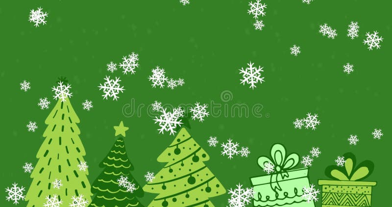 Image of Snow Falling Over Christmas Trees on Green Background Stock ...