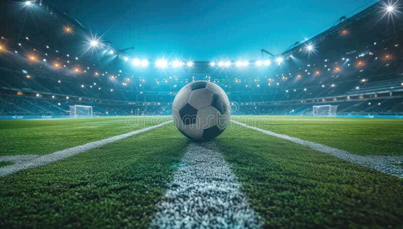 An Image of a Soccer Ball Inside an Empty Stadium at Night Stock ...