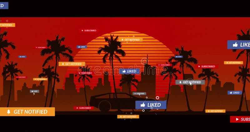 Image of Social Media Data Processing Over Sun and Palm Trees on Red Background Stock ...