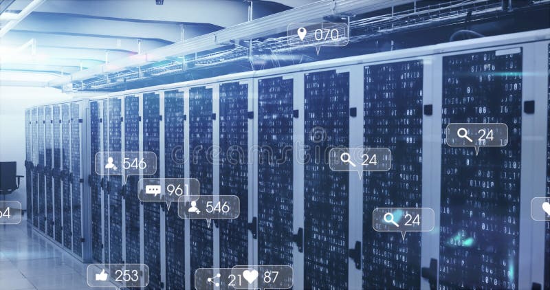 Image of Social Media Icons and Numbers on Banners Over Tech Room with ...