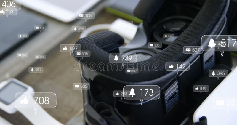 Image of Social Media Icons and Numbers on Grey Banners Over Vr Headset ...