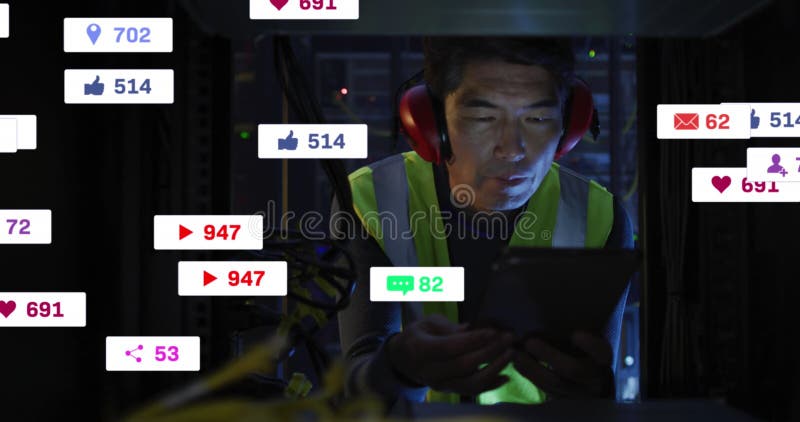 Image of Social Media Icons and Numbers Over Asian Male it Technician ...
