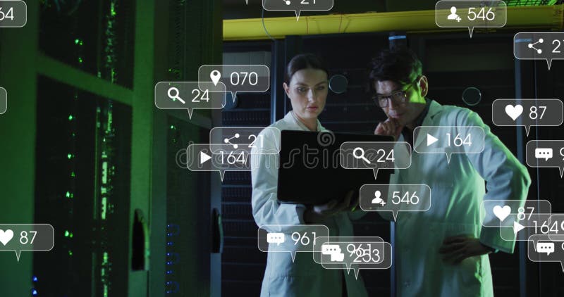 Image of Social Media Icons and Numbers Over Diverse it Technicians by ...