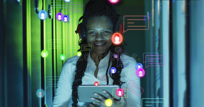 Image of Social Media Icons Over African American Woman Working in ...