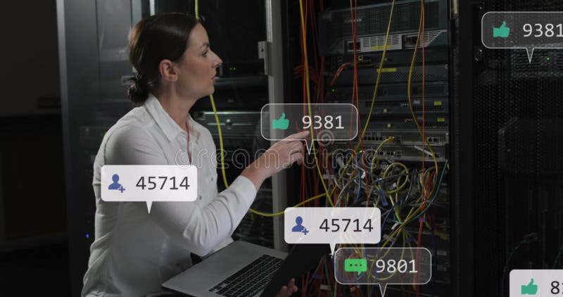 Image of Social Media Icons Over Caucasian Female it Engineer with ...