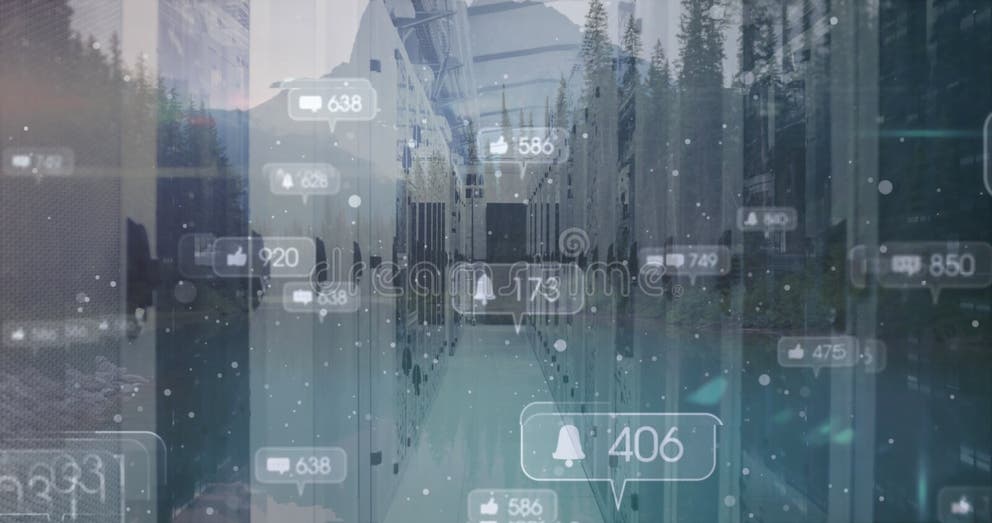 Image of Social Media Icons Over Landscape and Computer Servers Stock ...