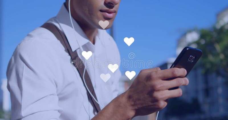 Image of Social Media Reaction Over Hands of Caucasian Man Using ...