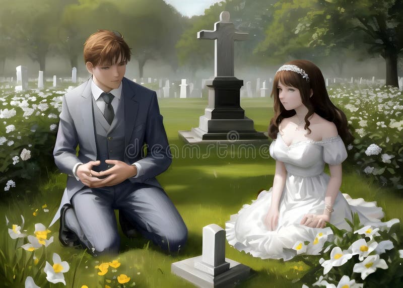 Image of Someone Kneeling by a Grave in an Overgrown Garden Mourning ...