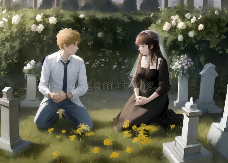 Image of Someone Kneeling by a Grave in an Overgrown Garden Mourning ...