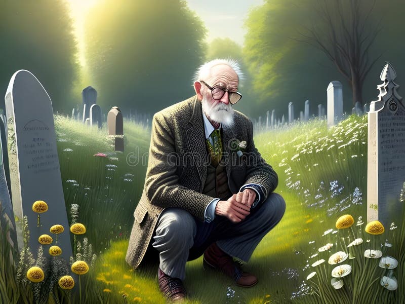 Image of Someone Kneeling by a Grave in an Overgrown Garden Mourning ...