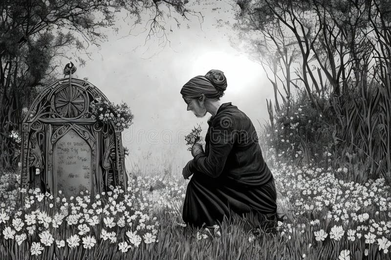 Image of Someone Kneeling by a Grave in an Overgrown Garden Mourning ...