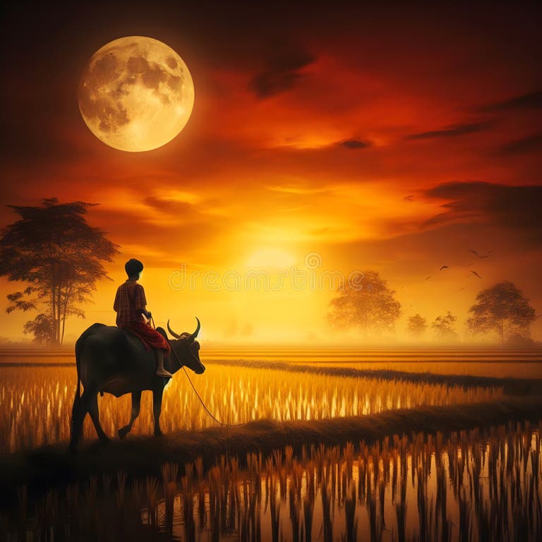 Image of a Someone Riding Off into the Distance, Yellow Moon,sunset ...