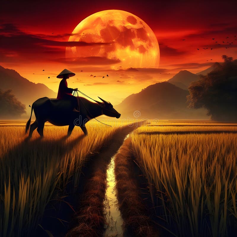 Image of a Someone Riding Off into the Distance, Yellow Moon,sunset ...