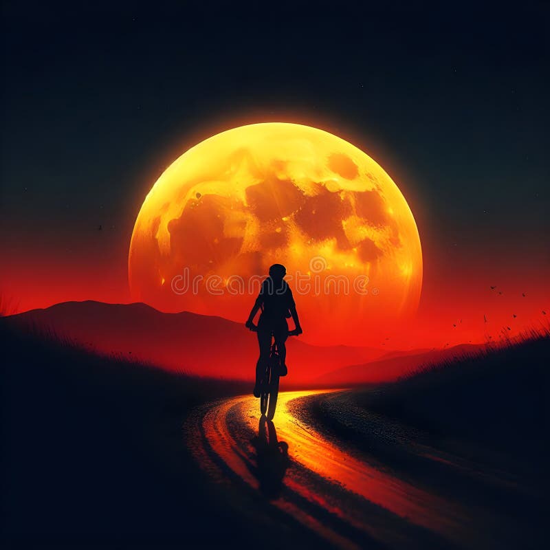 Image of a Someone Riding Off into the Distance, Yellow Moon,sunset ...
