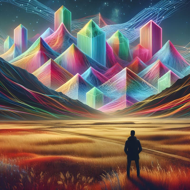 Image of Someone Stands by an Empty Field, Abstract Neon Structures, in ...