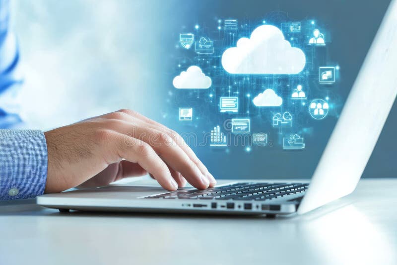 An Image of Someone Working on a Laptop with Cloud Storage Symbols and ...