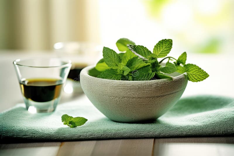 An Image of a Spa Setting with a Bowl of Water Infused with Mint Leaves ...