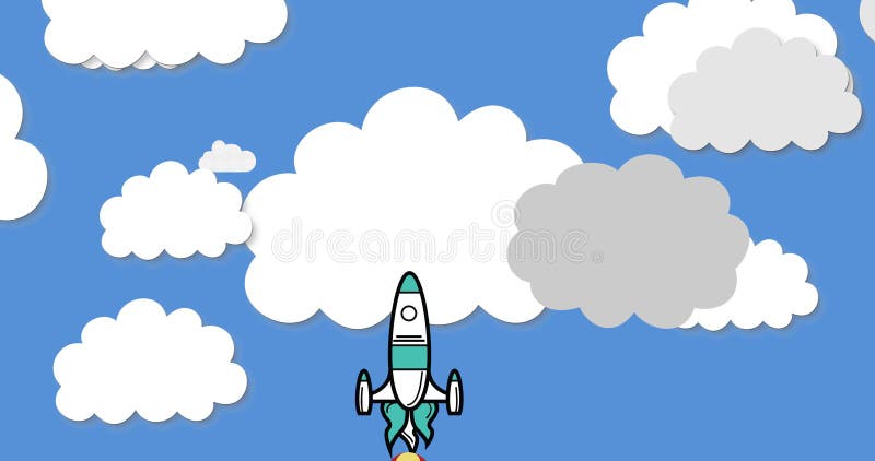 Image of Spaceship Rocket Taking Off with Cut Outs of White Clouds ...