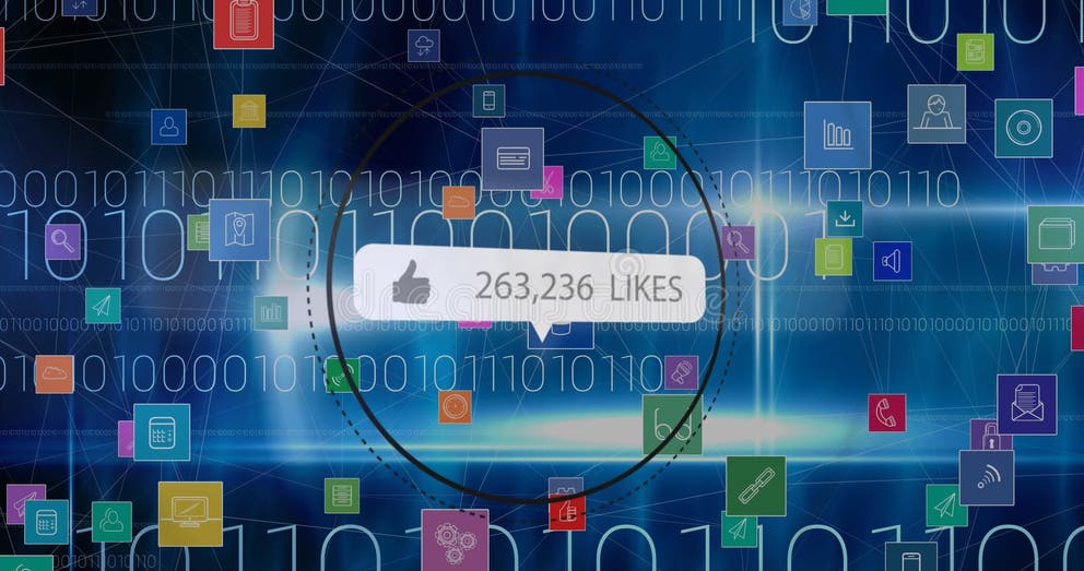 Image of Speech Bubble with Likes and Numbers, Digital Icons Over Binary Coding on Blue Stock ...