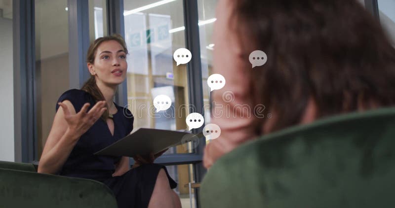 Image of Speech Bubbles Over Diverse Business People Discussing Work ...
