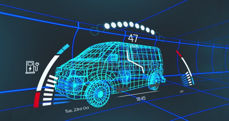 Image of Speedometer Over 3d Model of a Van Moving Against Blue ...