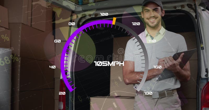 Image of Speedometer Over Delivery Man Next To a Car Stock Photo ...