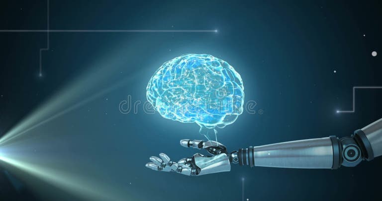 Image of Spinning Brain and Robotic Hand Over Light Spots Stock ...