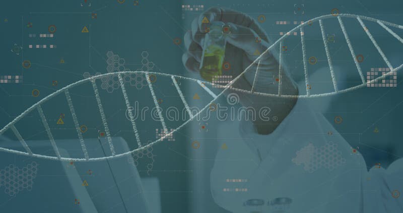 Image of Spinning Dna Strand an Data Processing Over Caucasian ...
