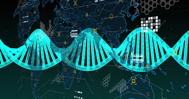 Image of Spinning Dna Structure and World Map Against Green Gradient ...