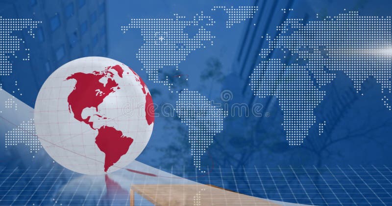 Image of Spinning Globe and World Map Against Low Angle View of Tall ...