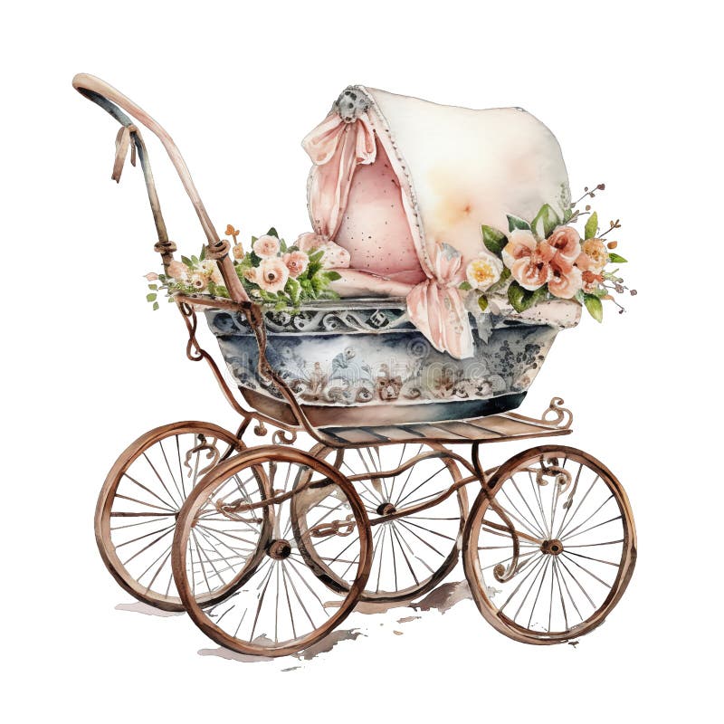 Spring Baby Stroller Watercolor Illustration, Spring Clipart Stock ...