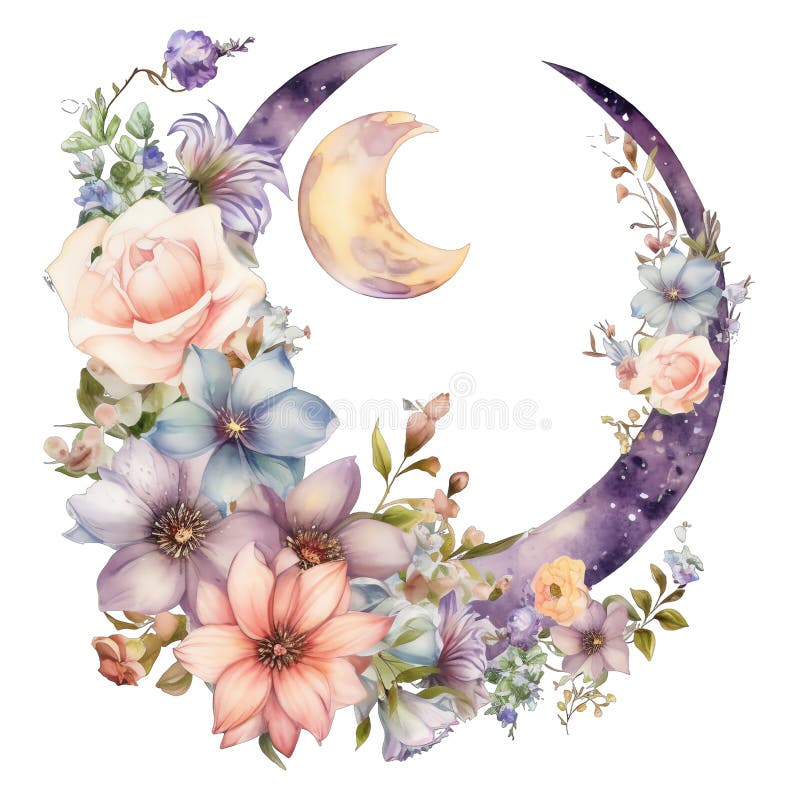 Spring Floral Moon Watercolor Illustration, Spring Clipart Stock ...