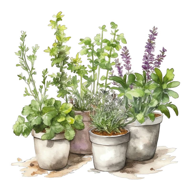 Spring Herbs in Pot Watercolor Illustration, Spring Clipart Stock ...