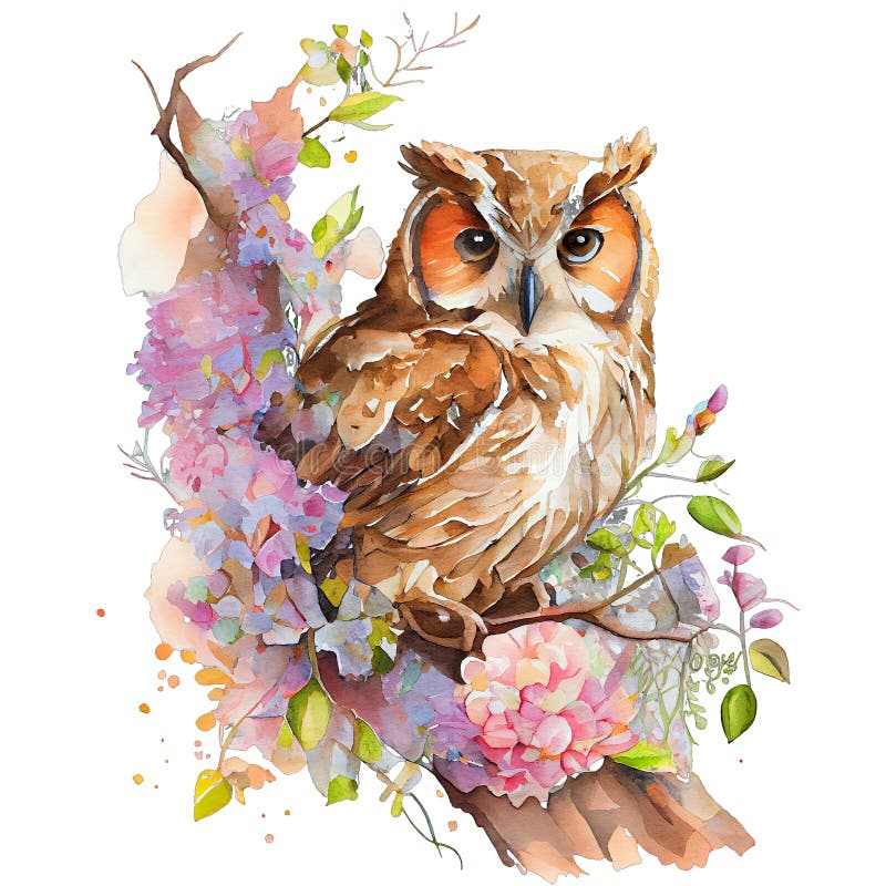 Spring Owl Watercolor Illustration, Spring Clipart Stock Illustration ...