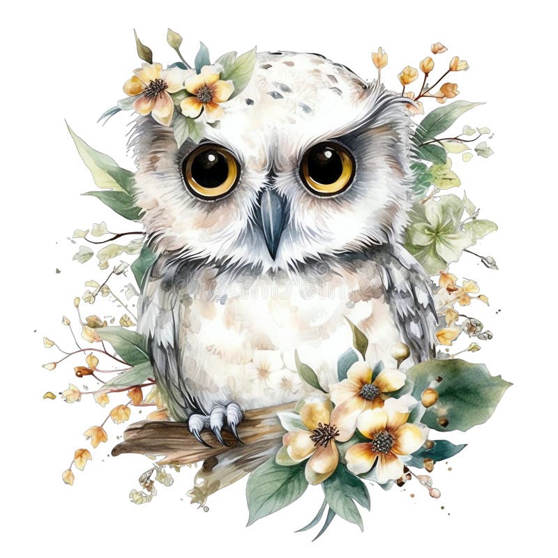 Spring Owl Watercolor Illustration, Spring Clipart Stock Illustration ...