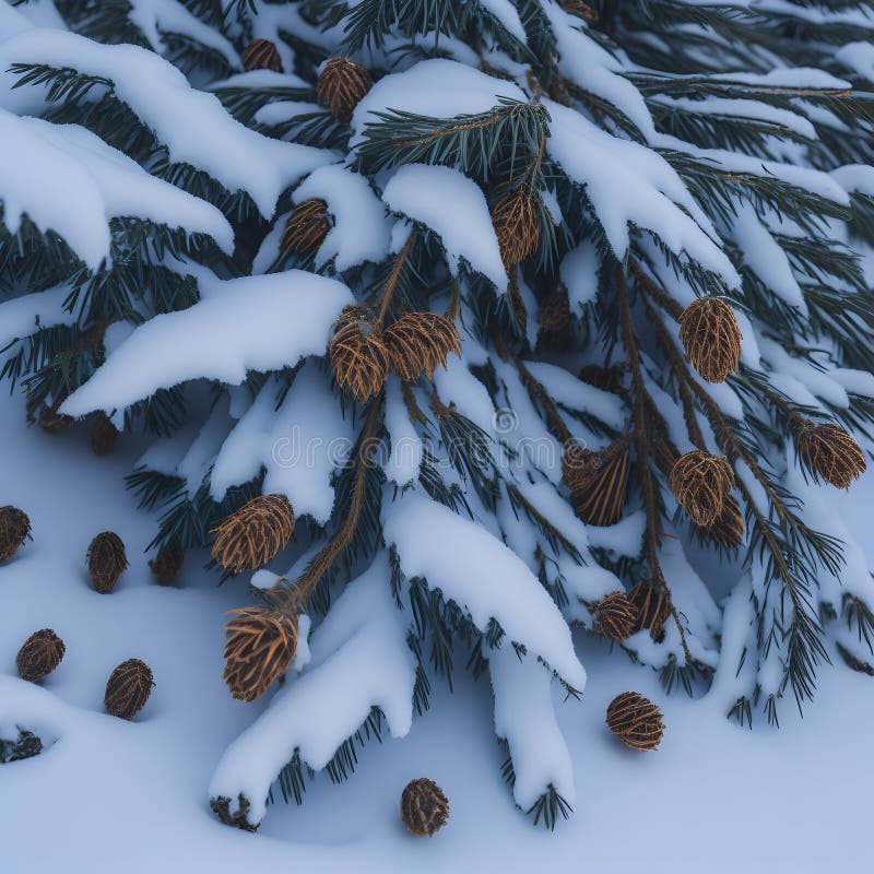 Image of the Spruce Pine Leaves with Dried Cone Seeds Around the Winter ...