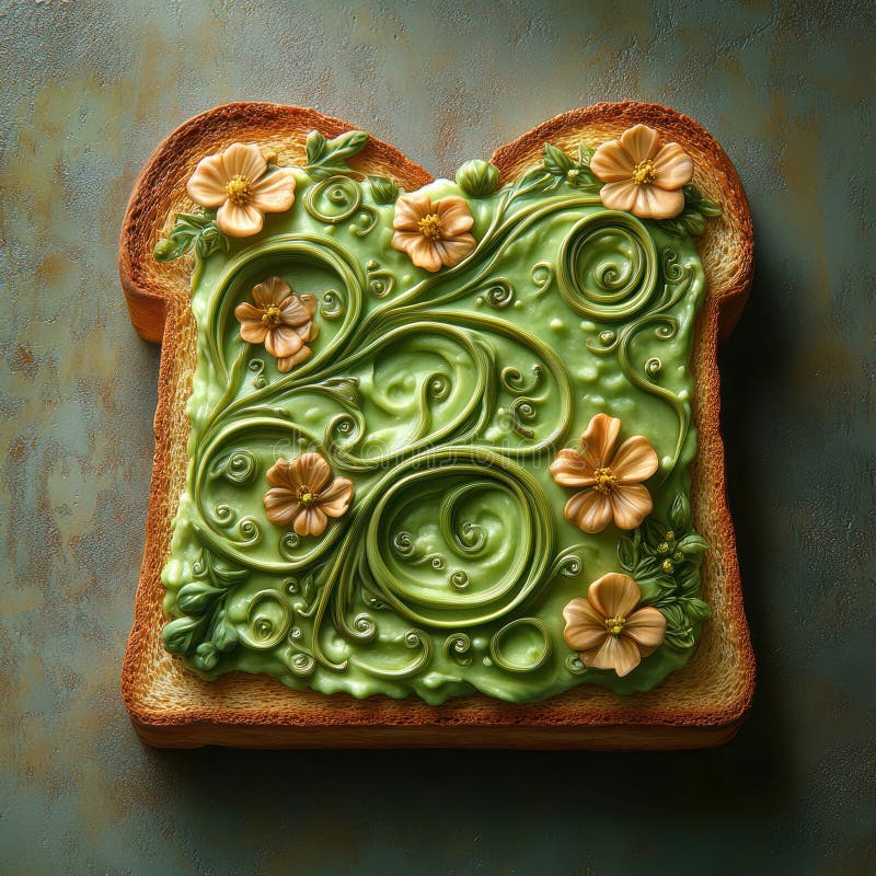 Image of a Square Bread with Green Spread, Featuring Leafy Designs and ...