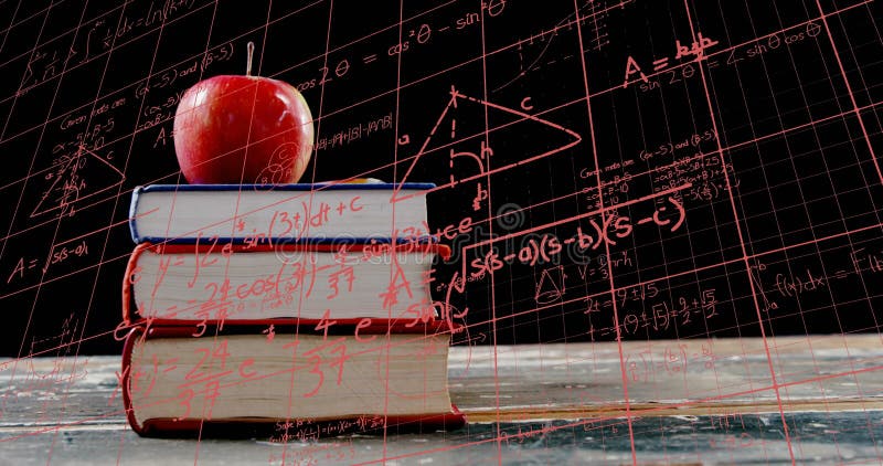 Image of Stack of Books and Apple Over Mathematical Equations and ...
