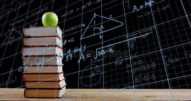 Image of Stack of Books and Apple Over Mathematical Equations and ...