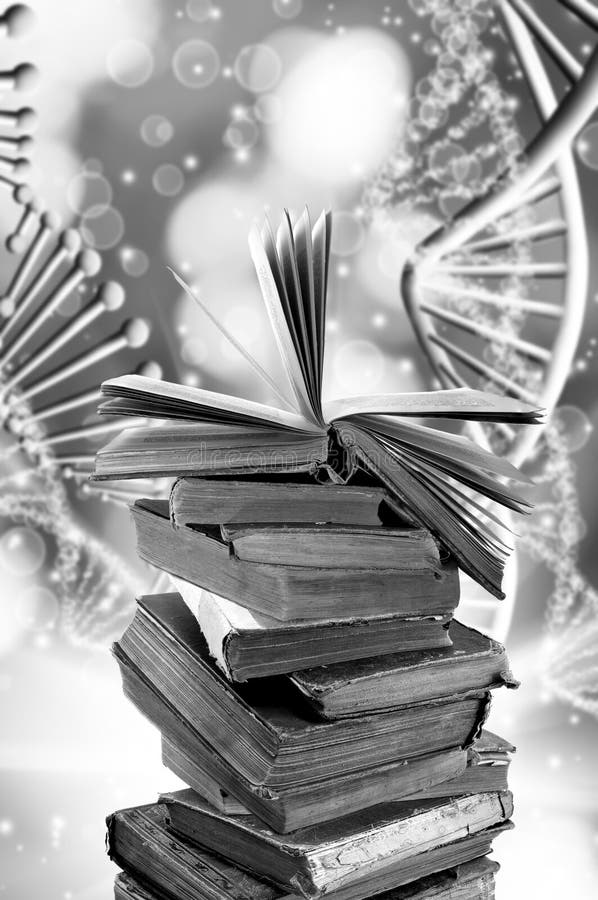 Stack of Books and on it an Open Book Surrounded by Stylized Figures of ...