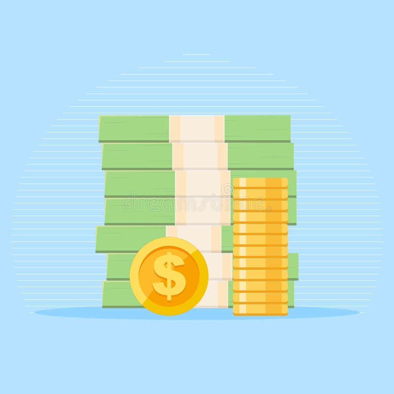 The Image Stack of Gold Coins with Bank Notes. Vector Illustration ...