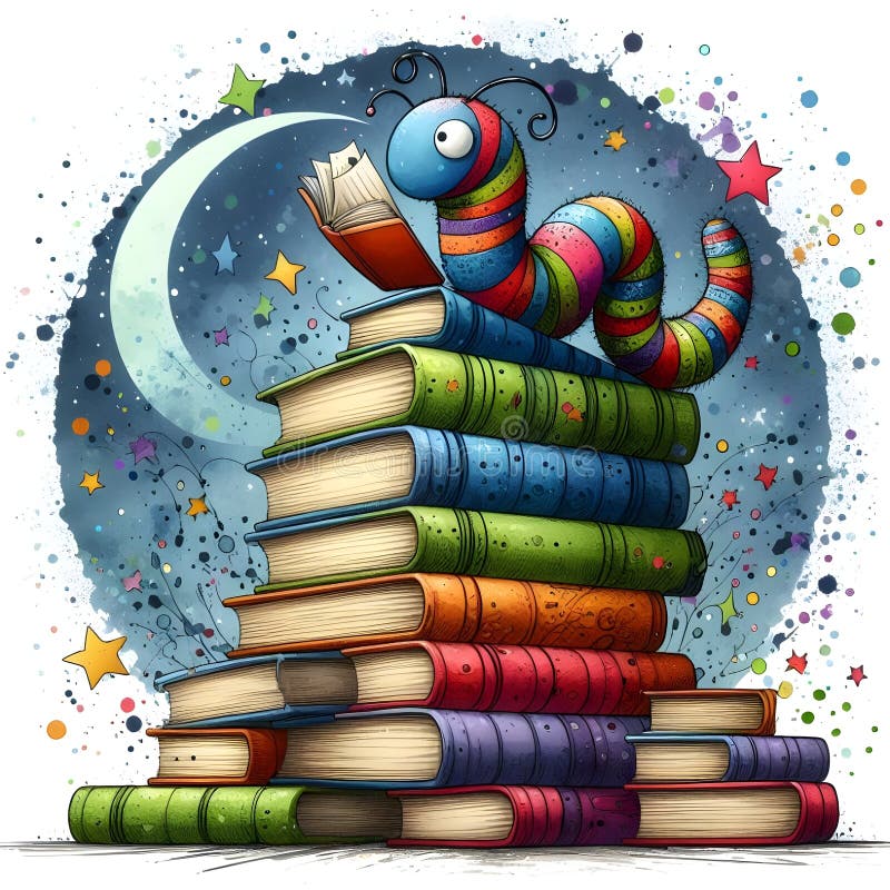 Image of a Stack of Random Colorful Books with Patchwork Bookworm on it ...