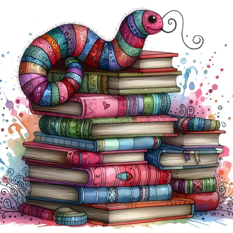 Image of a Stack of Random Colorful Books with Patchwork Bookworm on it ...