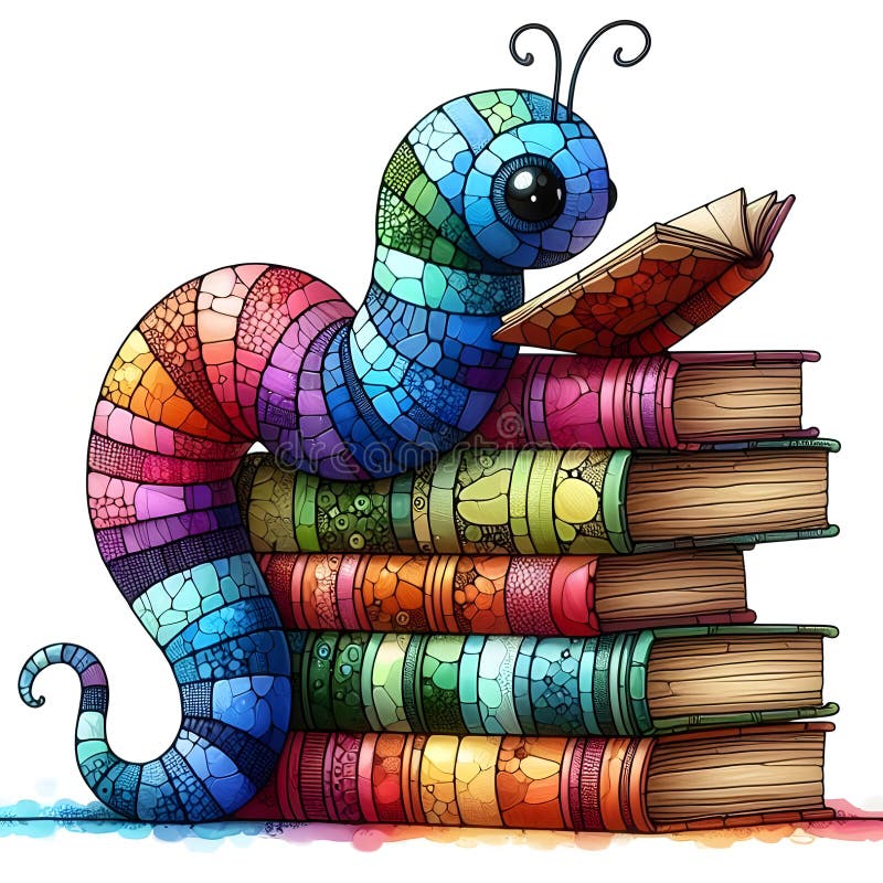 Image of a Stack of Random Colorful Books with Patchwork Bookworm on it ...